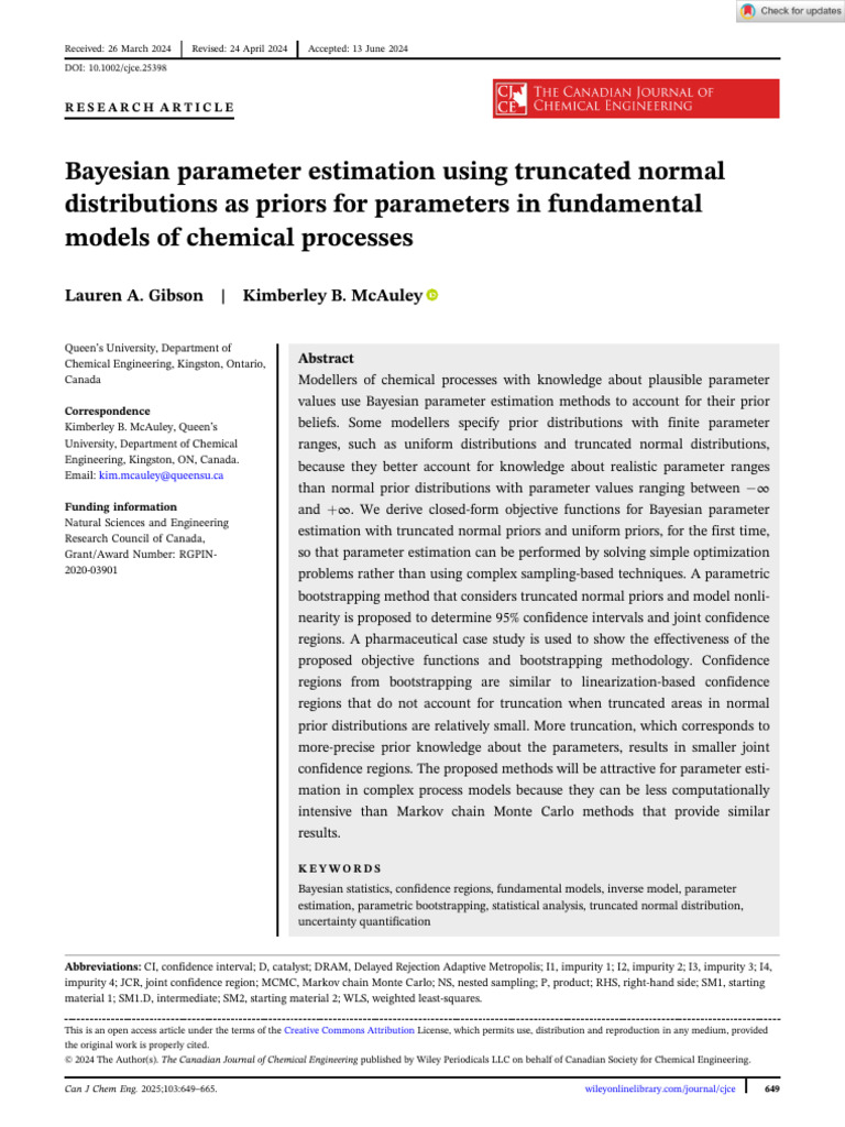 Can J Chem Eng - 2024 - Gibson - Bayesian Parameter Estimation Using Truncated Normal ...