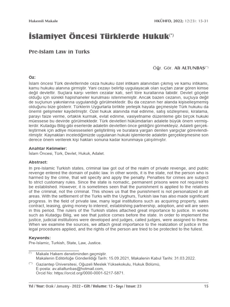 İslamiyet Öncesi Türklerde Hukuk 1 | PDF