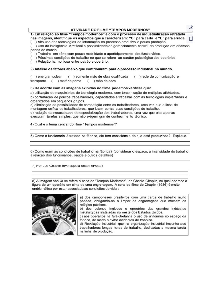 Atividade Avaliativa Do Filme Tempos Modernos | PDF