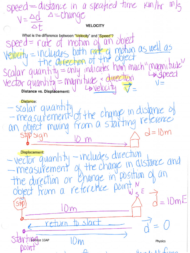 Velocity - Distance vs. Diplacement Notes | PDF | Velocity | Speed