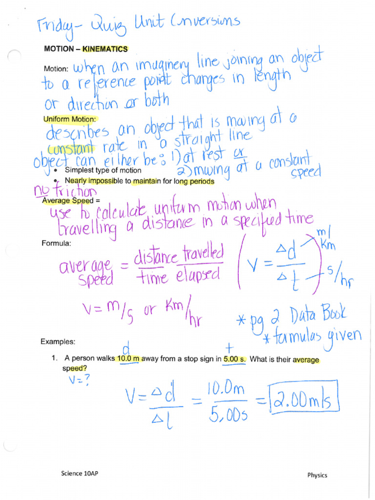 Kinematics - Average Speed Notes | PDF