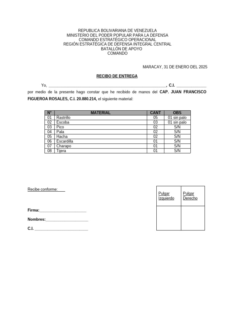 Recibo de Entrega de Materiales Militares | PDF