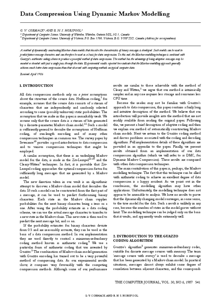 An Adaptive Data Compression Method Using Dynamic Markov Modelling Combined With Guazzo Coding
