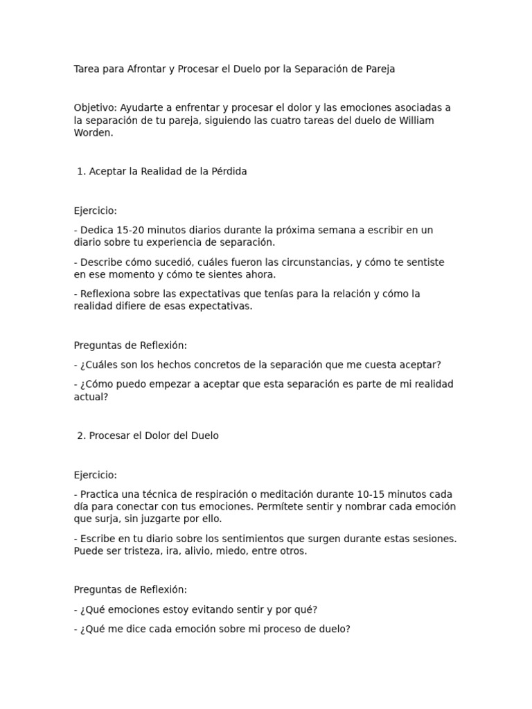 Tarea Para Afrontar y Procesar El Duelo Por La Separación de Pareja ...