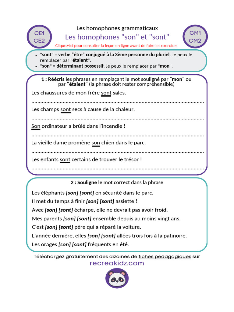 Exercices sur les homophones "son" et "sont" | PDF | Linguistique ...