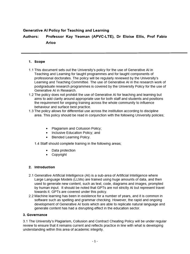 Generative AI Policy For Teaching and Learning | PDF | Artificial ...