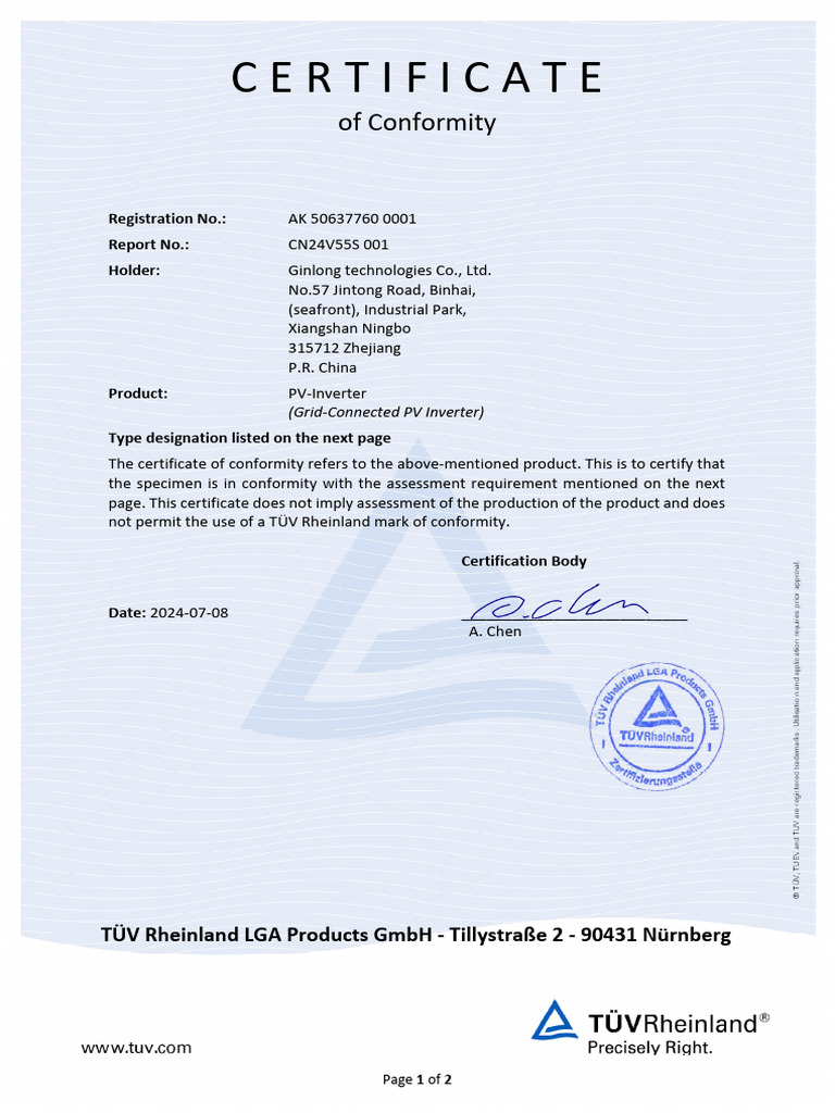 TÜV Certificate for PV Inverter Compliance | PDF