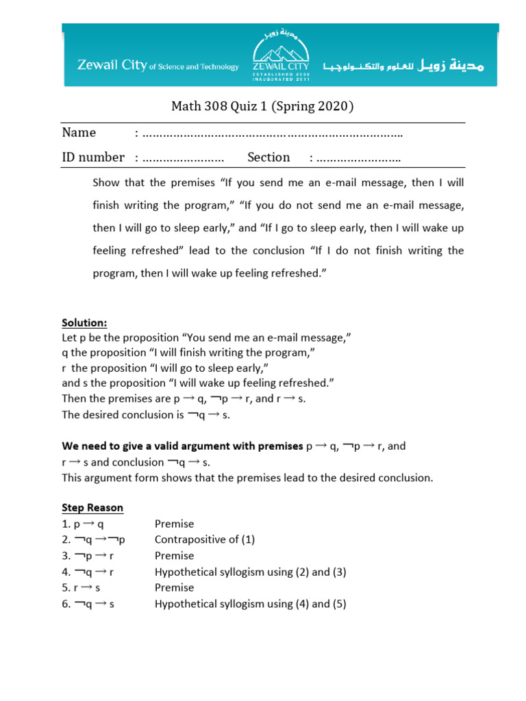 Math308 - Quiz1 (Model 2) - Model Answer | PDF