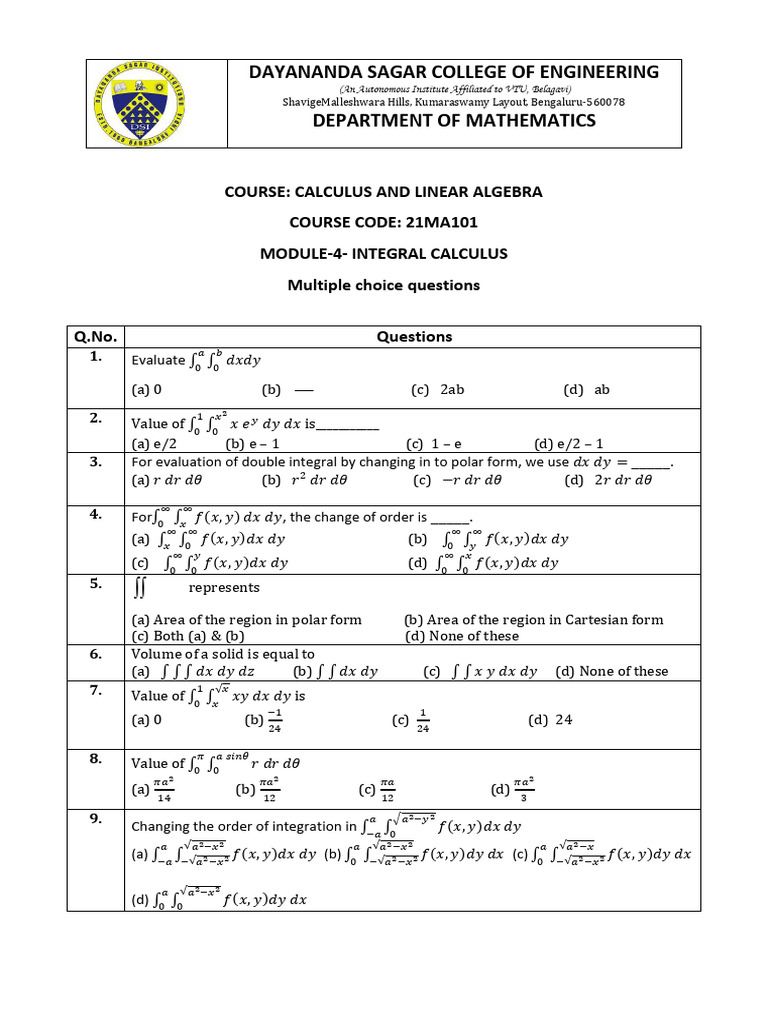 I Sem-Module-4-Integral calculus-MCQ | PDF | Abstract Algebra ...