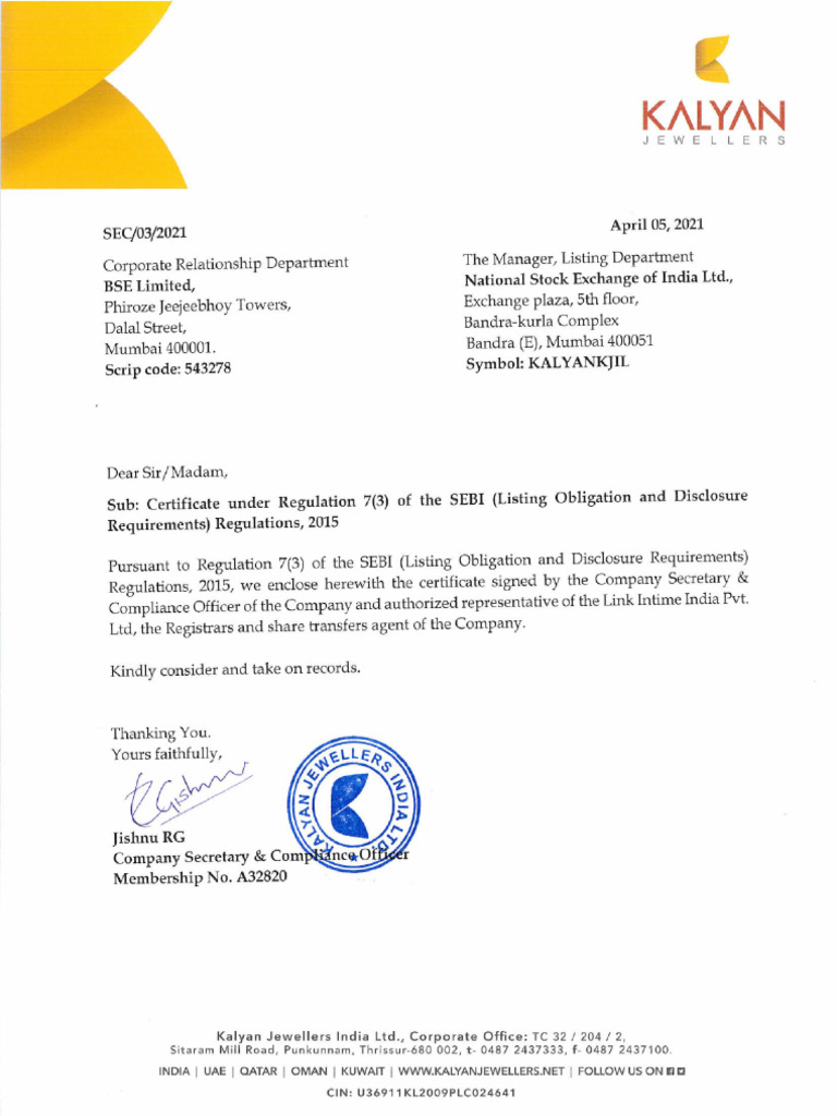 No 1 Certificate under Regulation 7(3) of the SEBI LODR | PDF ...
