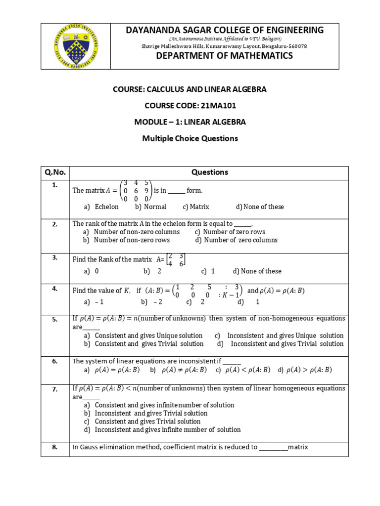 1 SEM MODULE 1 LINEAR ALGEBRA MCQ | PDF | Matrix (Mathematics) | System Of Linear Equations