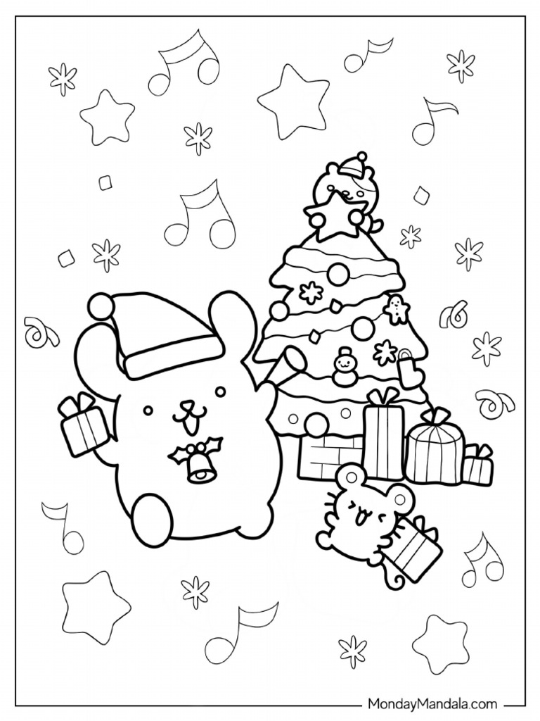 Pompompurin and Scone Holding Christmas Presents Coloring Page | PDF