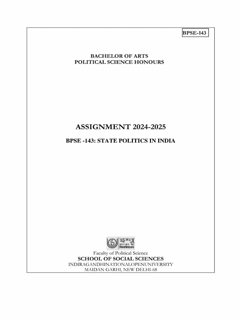BPSE - 143 (State Politics in India) 2024-25 | PDF