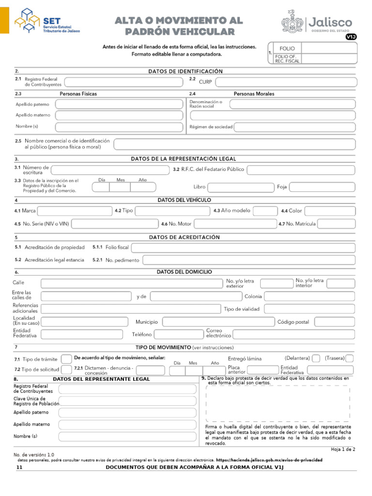 Instrucciones para llenar formato V1J Jalisco | PDF | Vehículos