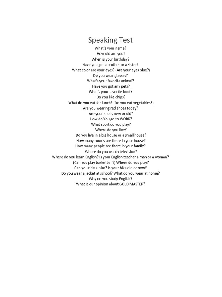 Children's English Speaking Test Questions | PDF