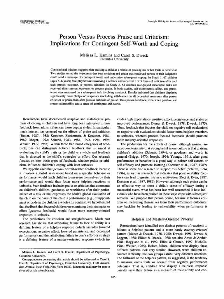 Person Versus Process Praise and Criticism | PDF | Psychology ...