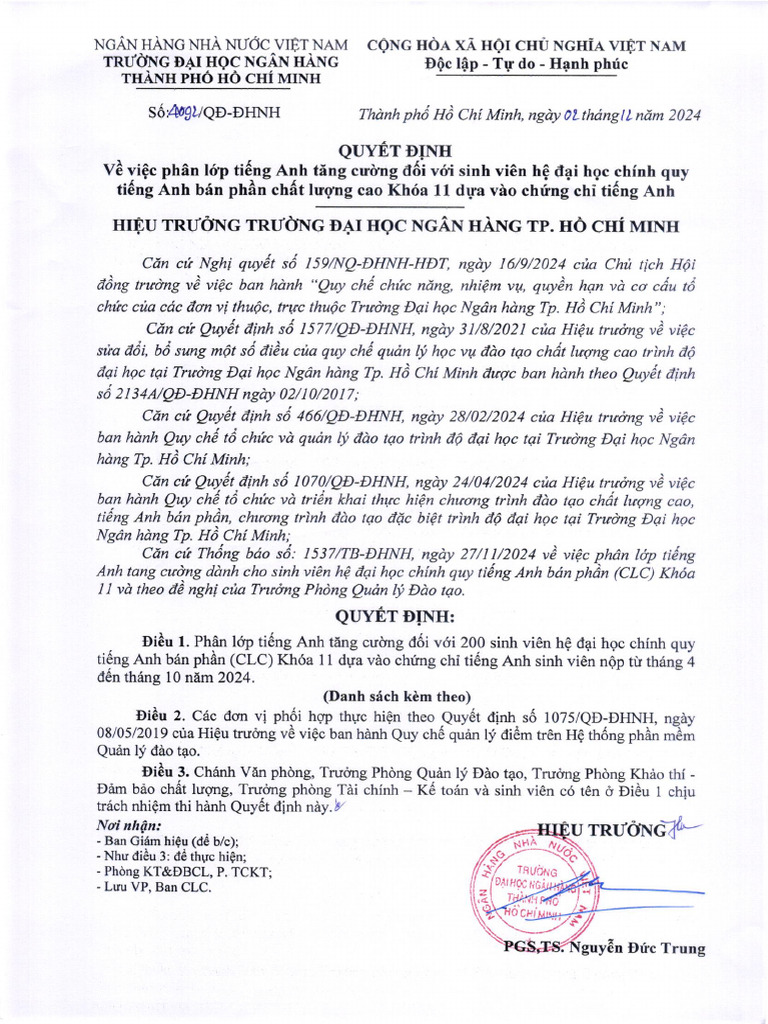 4092.24 QD V.V Phan Lop Tieng Anh Tang Cuong D.V SV DHCQ TABP CLC K11 ...