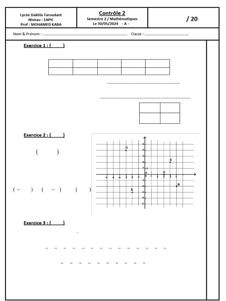 Contrôle de Mathématiques 1APIC | PDF