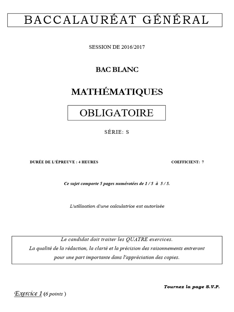 Bac Blanc Obli Elèves | PDF | Nombre complexe | Probabilité