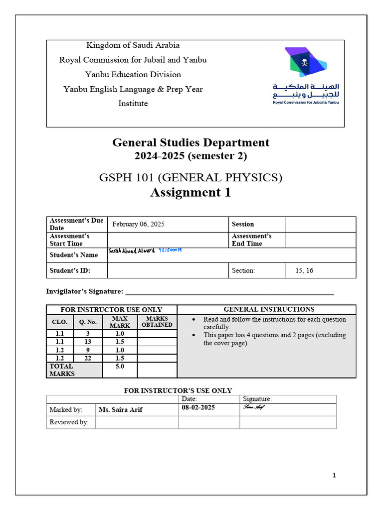 General Physics Assignment 1 Guide | PDF
