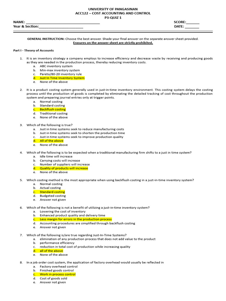 ACC122 P3 Cost Accounting Quiz | PDF | Lean Manufacturing | Cost Of ...