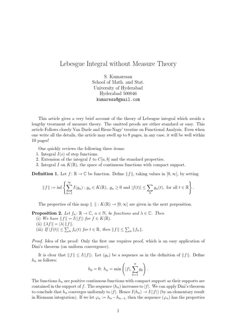 Lebesgue Integral Without Measure Theory | PDF | Integral | Function (Mathematics)