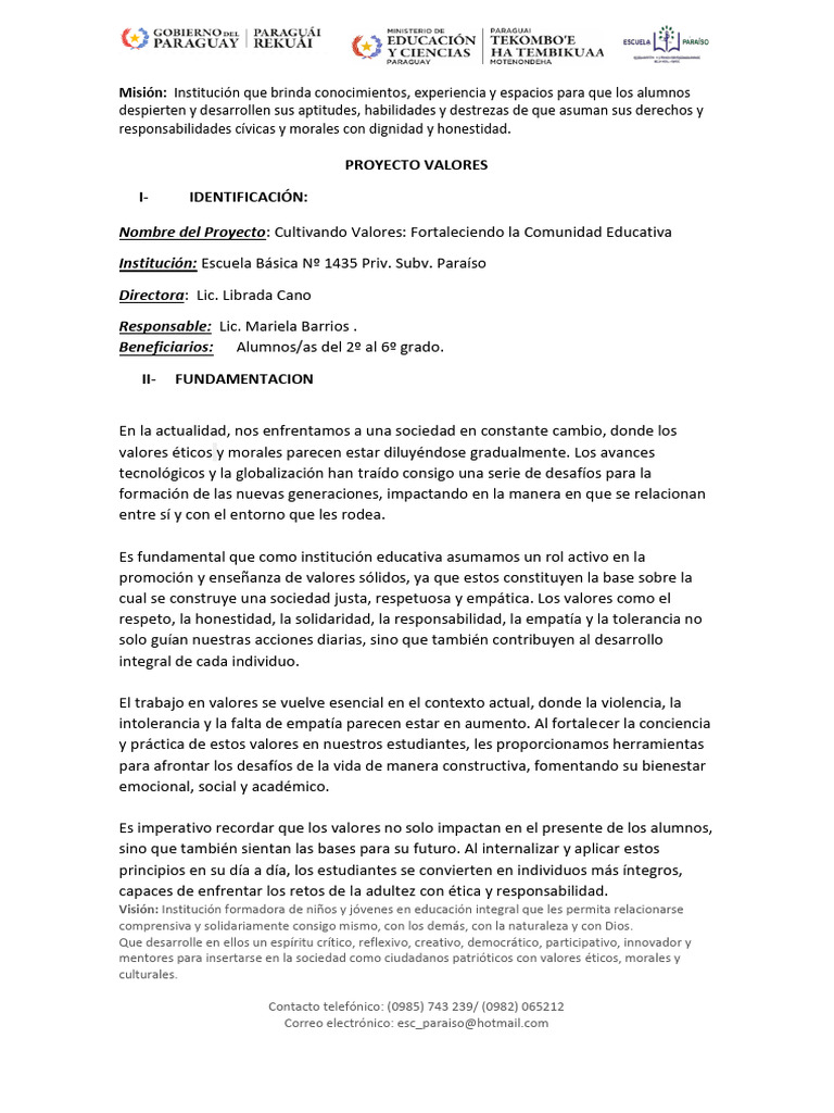 Proyecto Valores 2024 | PDF | Enseñando