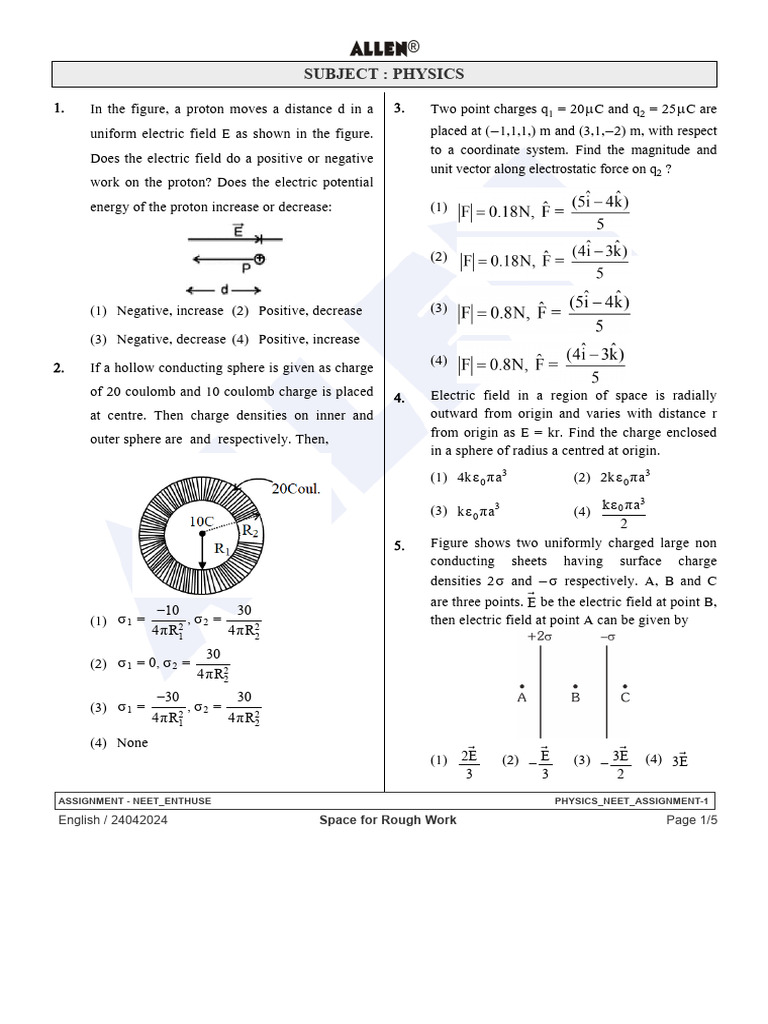 Physics Electrostatics Assignment-1 | PDF | Electric Field | Physical ...