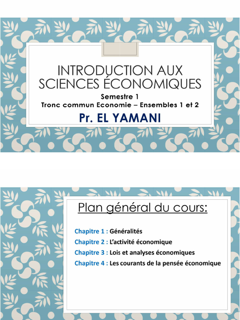 PR EL YAMANI Chapitres 1 Et 2 Introduction Aux Sciences Économiques S1 Parcours Economie ...