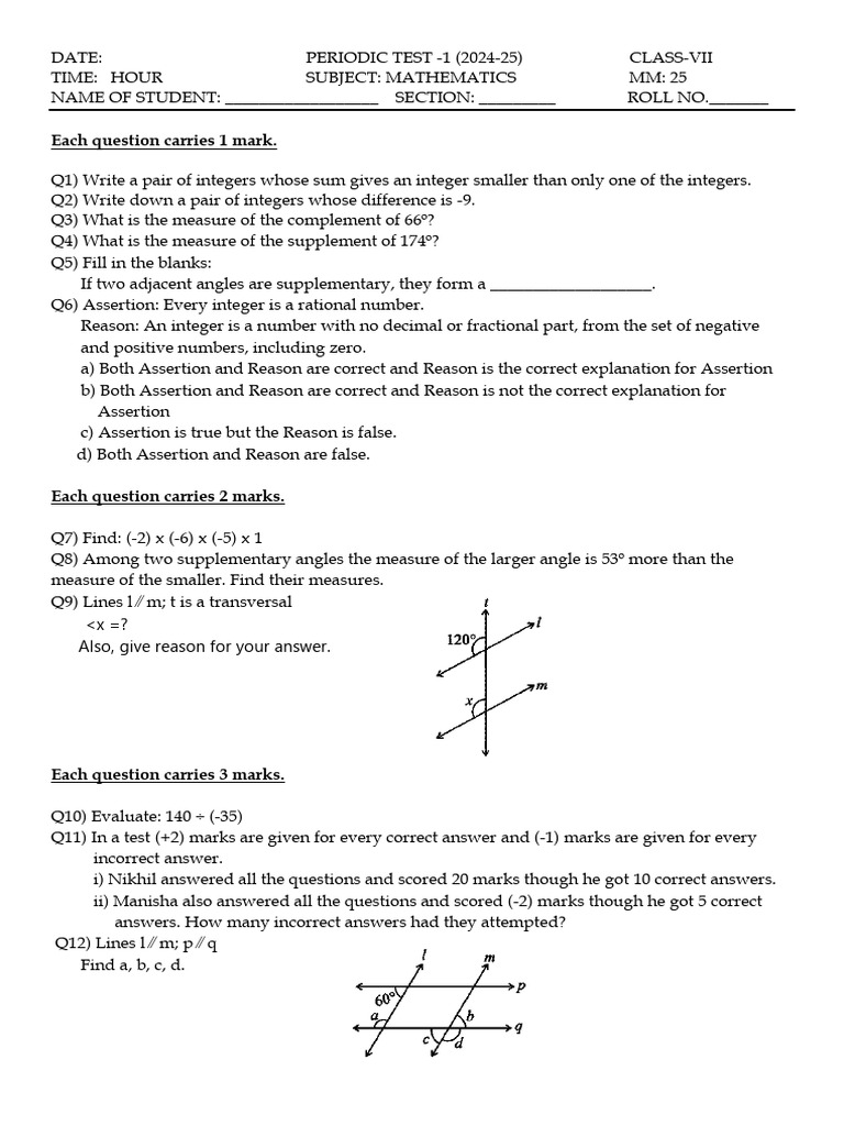 Class 7-Mathematics-PT1 2024-25 (Farheen) | PDF