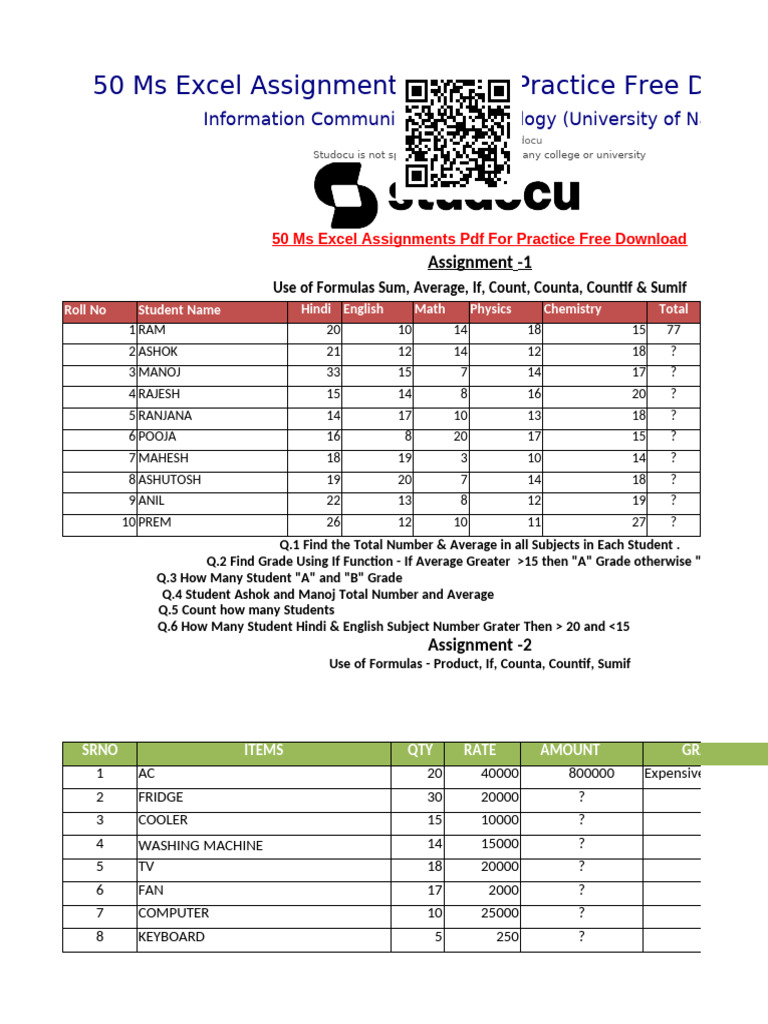 50 Ms Excel Assignments PDF For Practice | PDF | Fruit | Vegetables