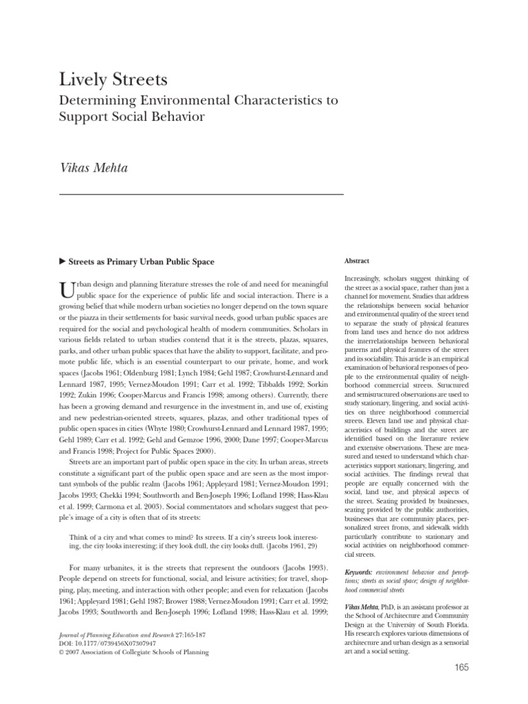 Mehta 2007 Lively Streets Determining Environmental Characteristics To Support Social Behavior ...