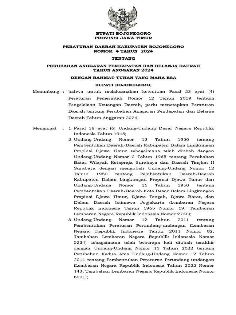 PERDA No. 4 Tahun 2024 Tentang P-APBD 2024 | PDF