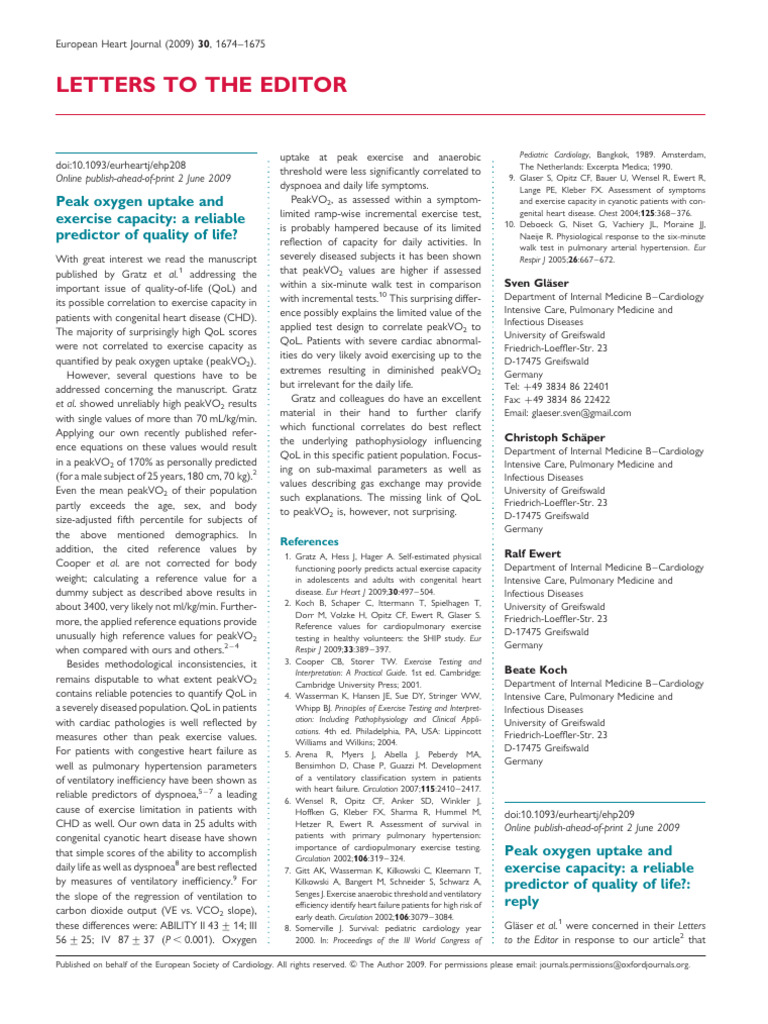 Peak Oxygen Uptake and Exercise Capacity A Reliable Predictor of ...