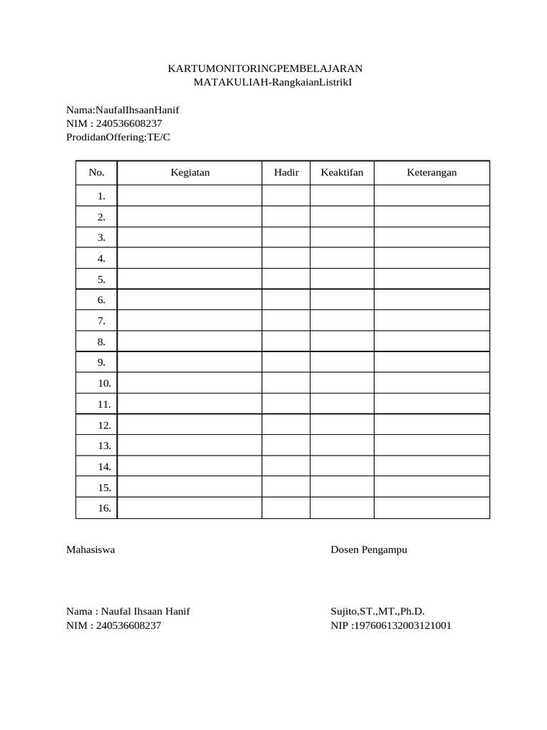 Kartu Monitoring Pembelajaran Word | PDF