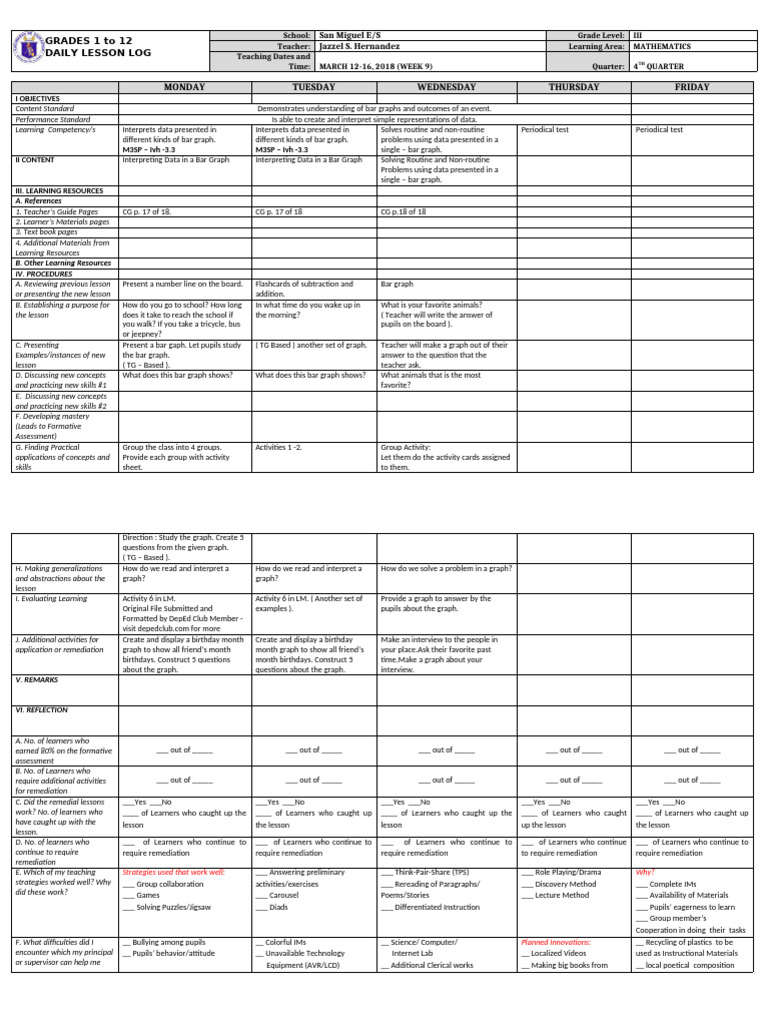 DLL_MATHEMATICS 3_Q4_W9 | PDF | Learning | Differentiated Instruction