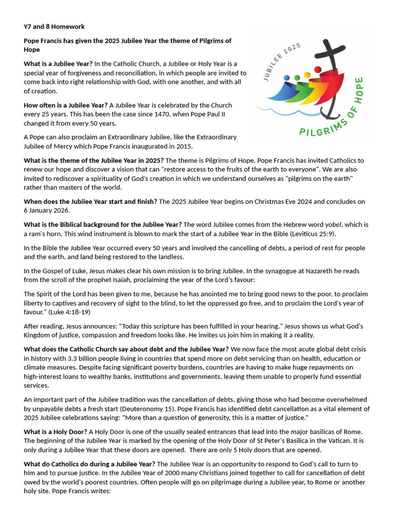 Jubliee Year Reading Homework Y7 and 8 | PDF | Catholic Church
