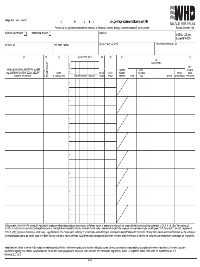 US DOL Cert Payroll Form wh347 | PDF | Employment | Payroll