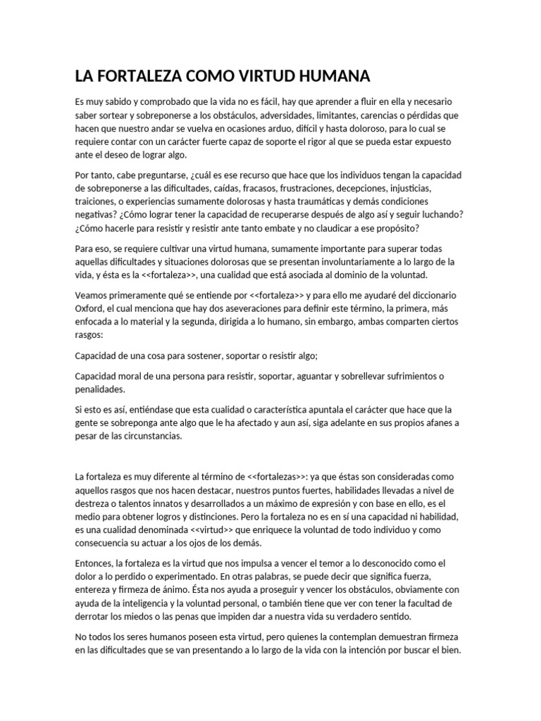 La Fortaleza Como Virtud Humana | PDF | Valor | Inteligencia