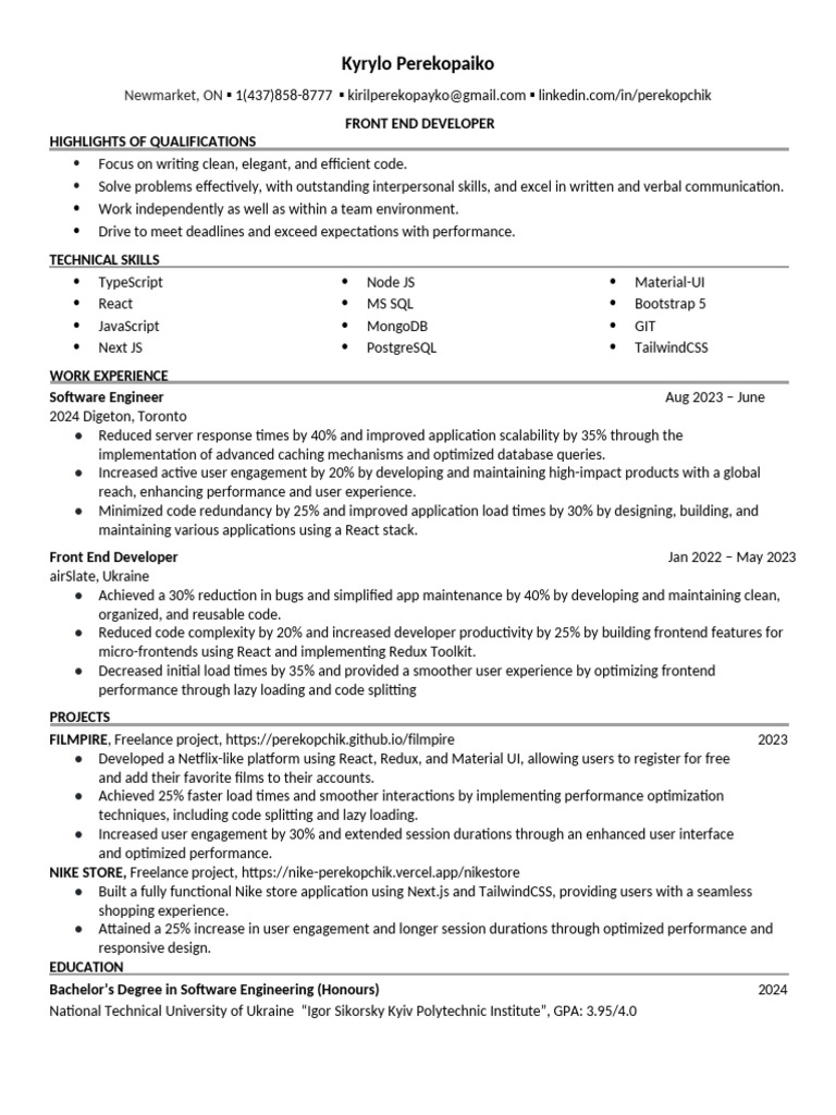 CV Perekopaiko New1 | PDF | Computing | Computer Programming