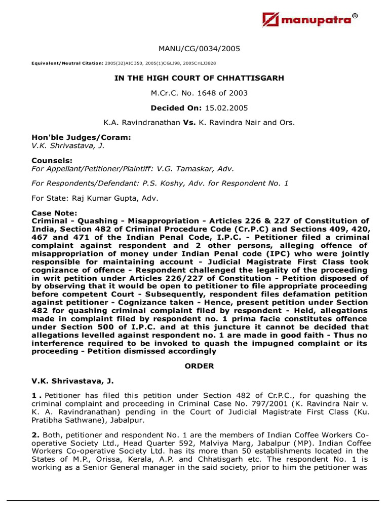 KA Ravindranathan Vs K Ravindra Nair and Ors 15022z050034COM762740 ...