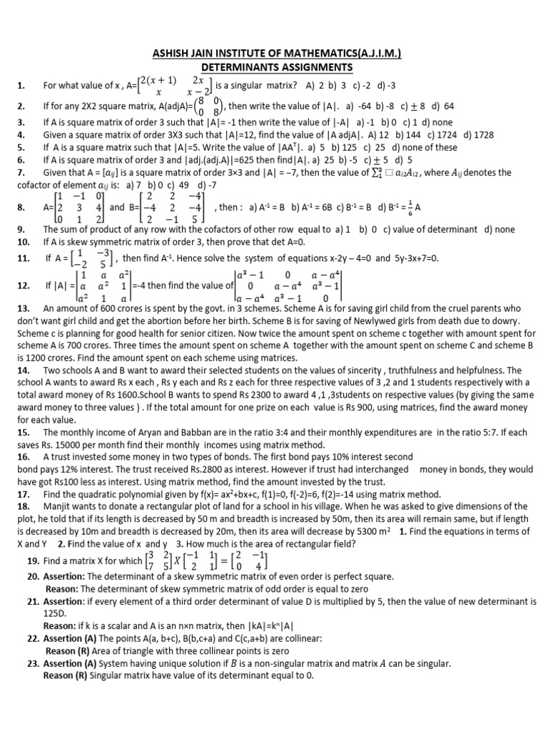 DETERMINANTS ASSIGNMENTS | PDF | Determinant | Matrix (Mathematics)
