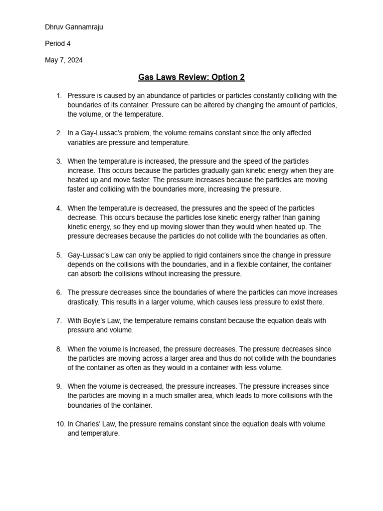 Chemsitry - Gas Laws Review Option 2 | PDF | Gases | Temperature