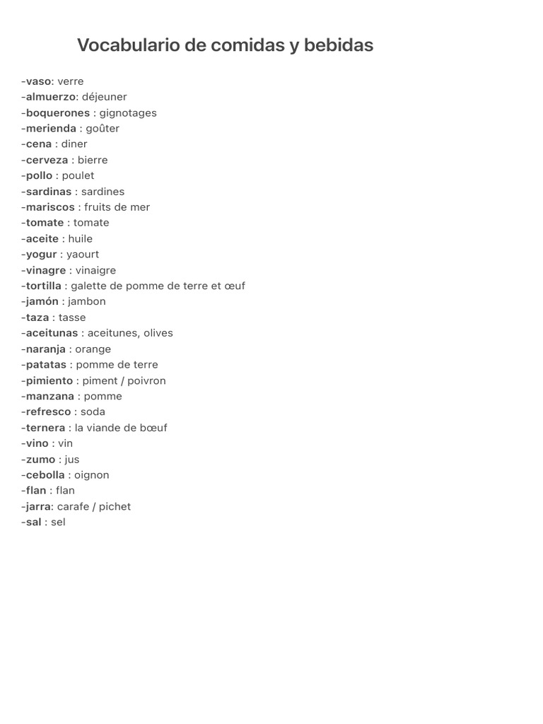 Vocabulario de Comidas y Bebidas | PDF