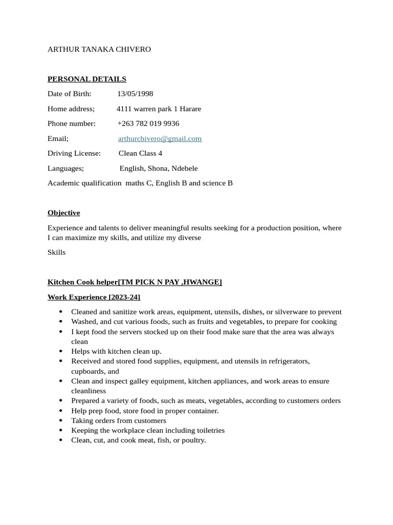 Kitchen Helper CV Example | PDF
