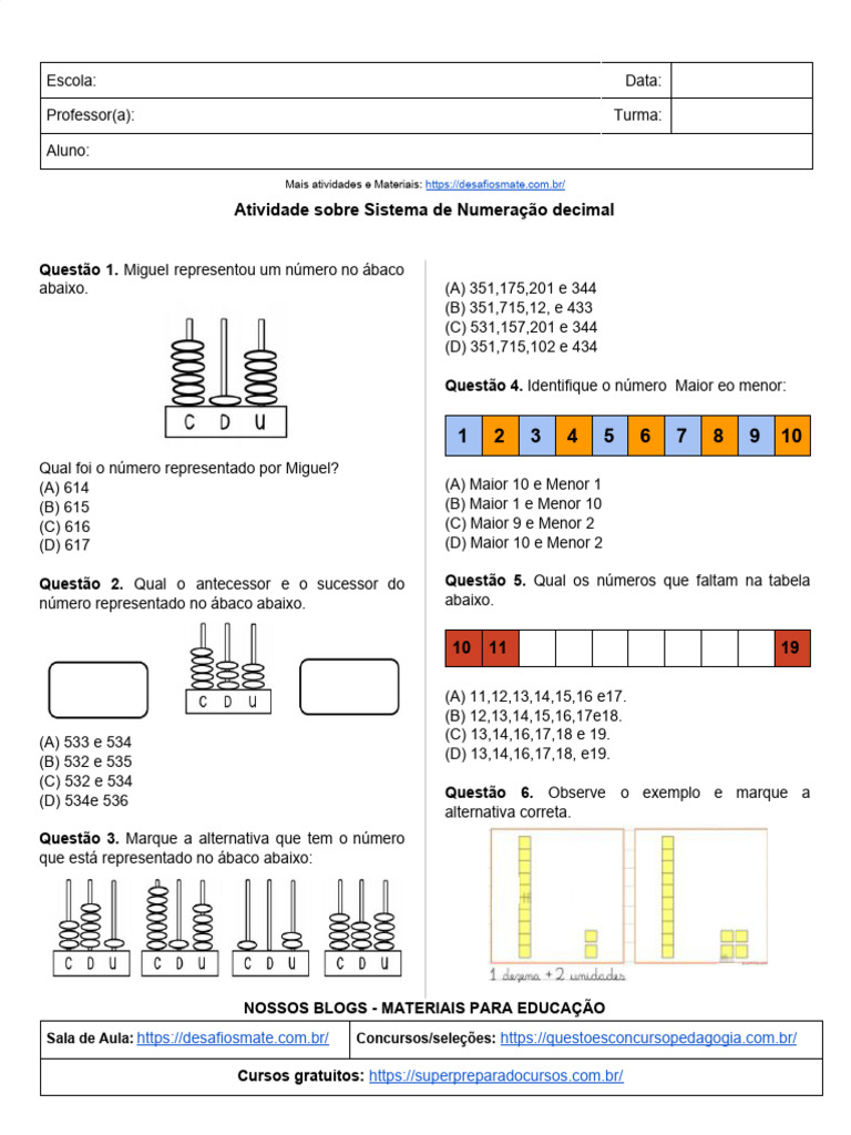Atividades sobre Sistema Decimal para Alunos | PDF