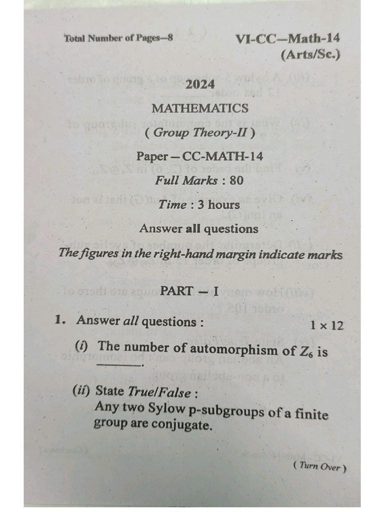 North Orissa University Group Theory 2 (2024) Question Paper | PDF