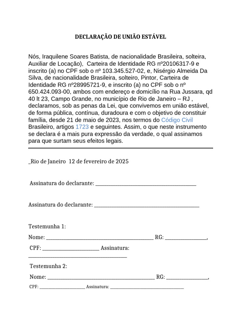 Modelo Declaracao de Uniao Estavel | PDF | União estável