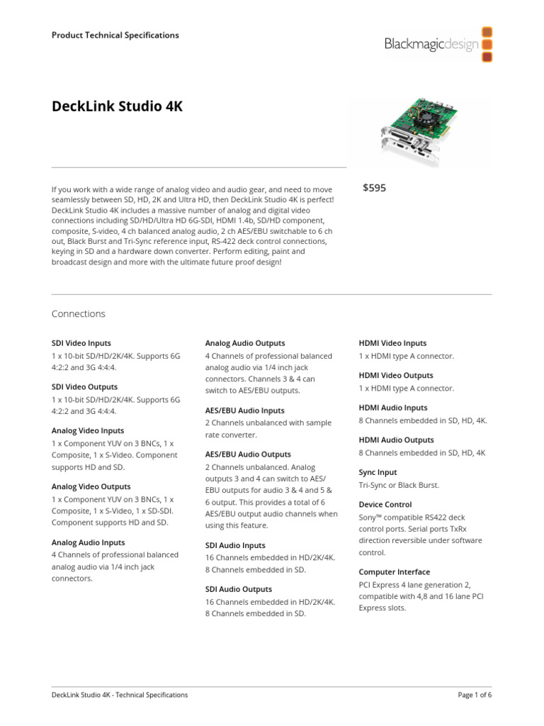 Decklink Studio 4k Techspecs | PDF | Hdmi | Video