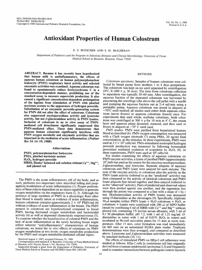 Antioxidant Properties of Human Colostrum Buescher-McILheran | PDF ...